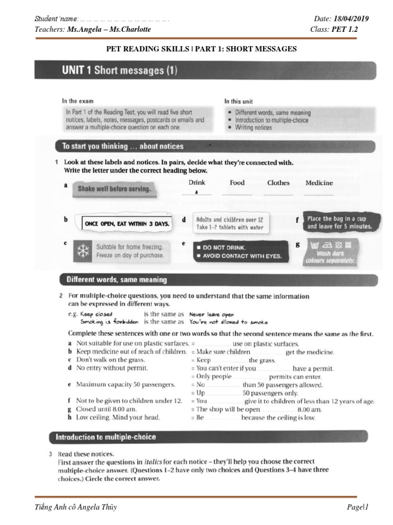 (18.04.2019) Pet1.2 - Pet Reading Skills Part 1 (Students) | PDF