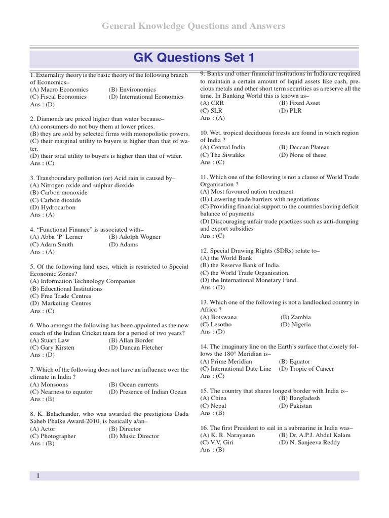 GK Questions Set 1: General Knowledge Questions and Answers | PDF ...