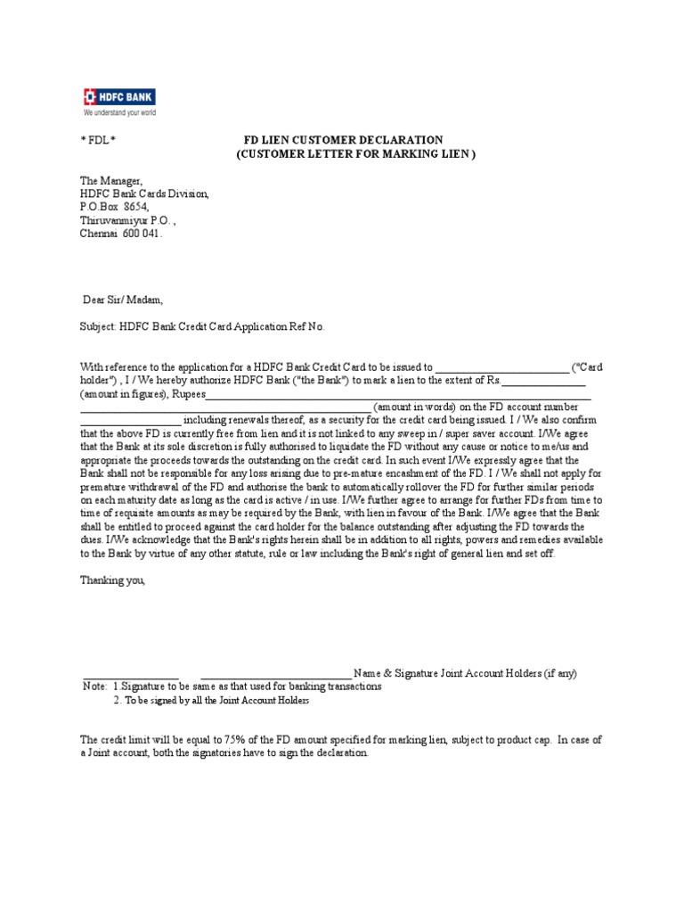 FD Lien Customer Declaration (Customer Letter For Marking Lien) | PDF