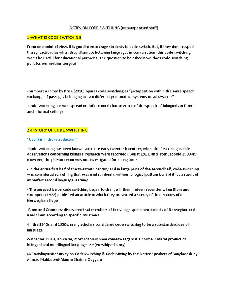 Notes On Code Switching Pdf Linguistics Semiotics