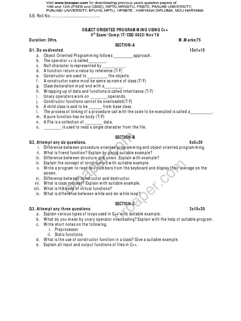 Object Oriented Programming Using C++ 4 Exam/Comp/IT/CSE/0623/Nov'18 ...