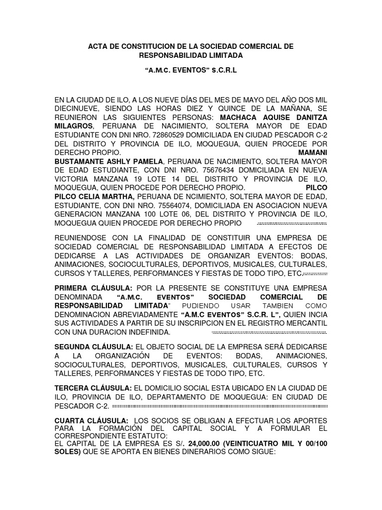 Acta de Constitucion de La Sociedad Comercial de Responsabilidad Limitada | PDF | Sociedad de ...