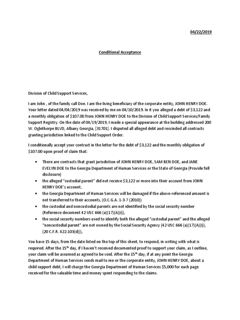 Conditional Acceptance of Child Support Debt | PDF | Child Support ...