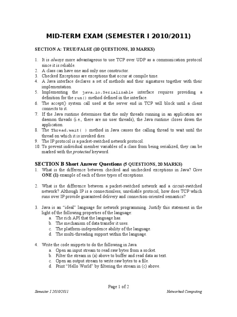 MidTerm CSNB534 Exam Sep10 | PDF | Network Socket | Java (Programming Language)