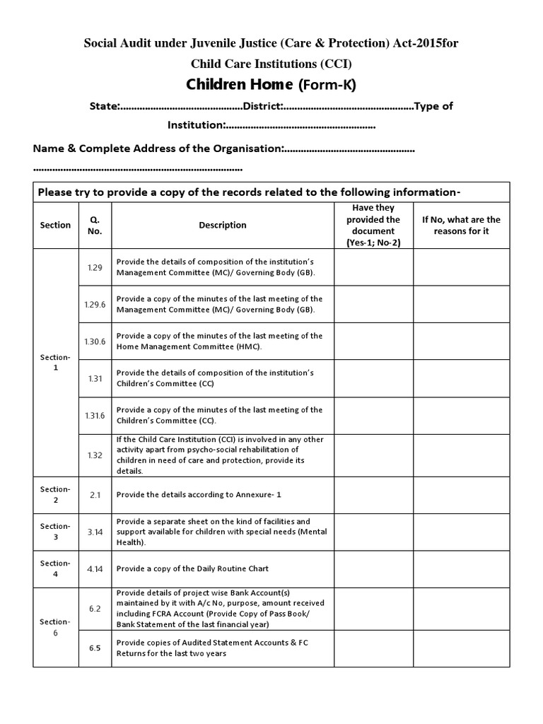Children Home (Form-K) | PDF | Government | Social Institutions