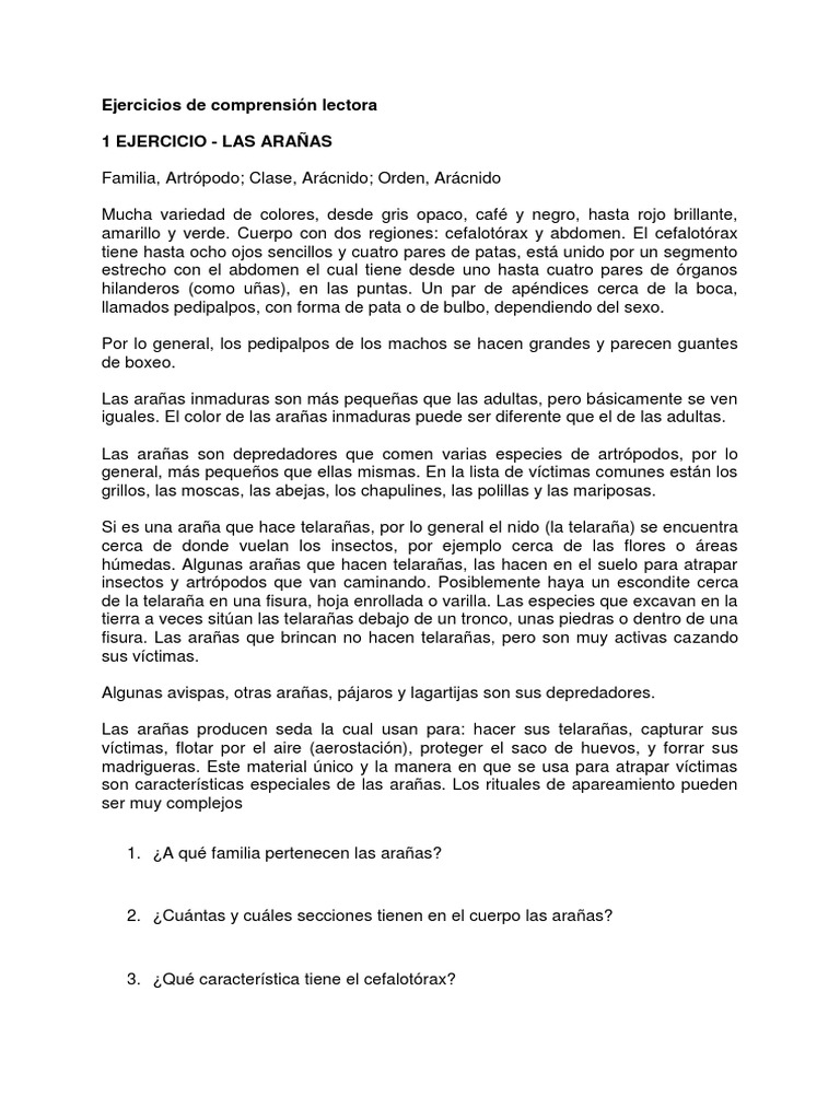 Ejercicios de Comprensión Lectora | PDF | Araña | Insectos