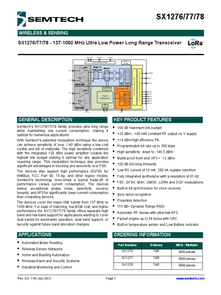 Sx1276/77/78 - 137-1050 MHZ Ultra Low Power Long Range Transceiver ...