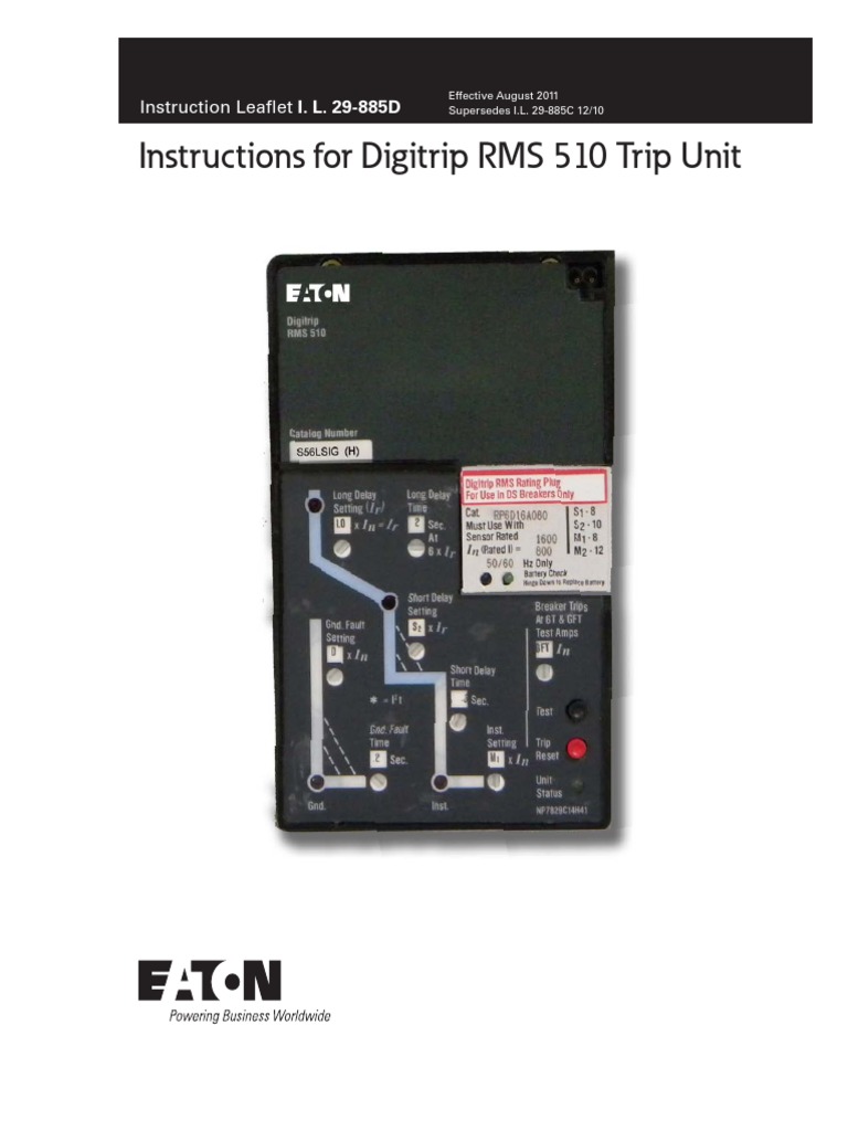 Instructions For Digitrip RMS 510 Trip Unit: Instruction Leaflet I. L ...