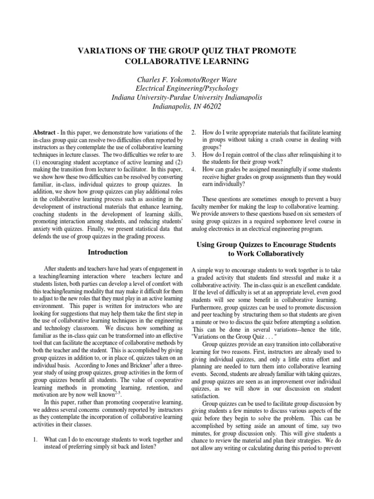 Variations of The Group Quiz That Promote Collaborative Learning | PDF ...