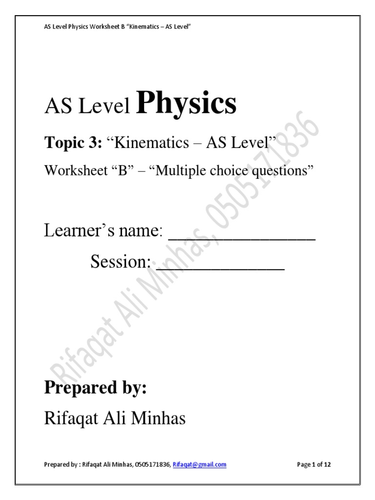 AS Level Physics Kinematics Worksheet | PDF | Acceleration | Kinematics