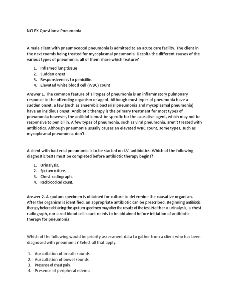 NCLEX Pneumonia Practice Questions | PDF | Pneumonia | Pulmonology
