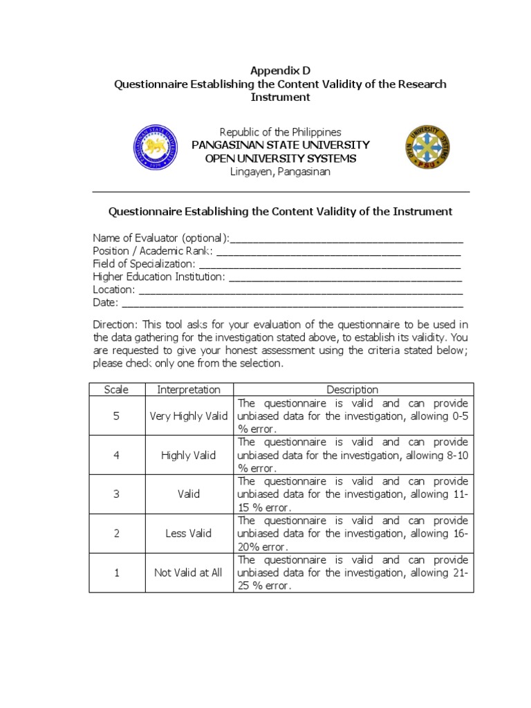 Validation Instrument | PDF | Questionnaire | Validity (Statistics)