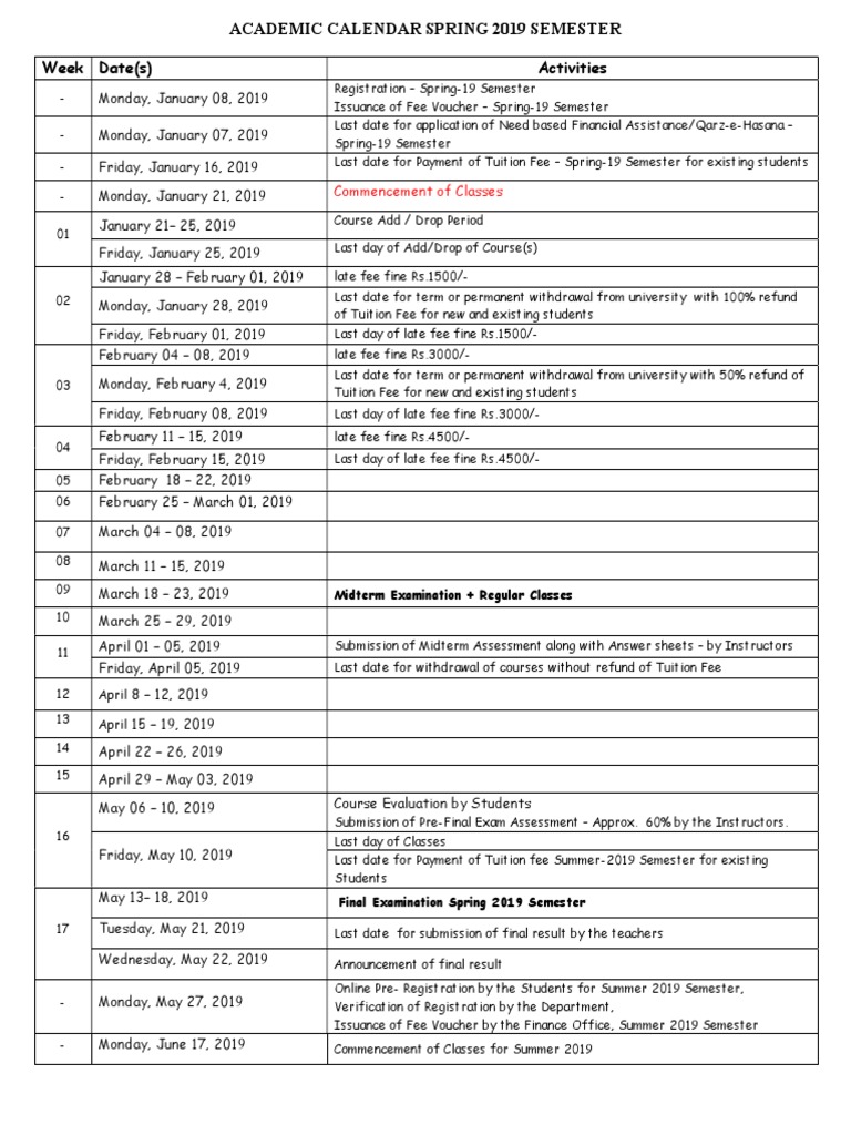 Academic Calendar Spring 2019 Semester | PDF | Academic Term | Fee