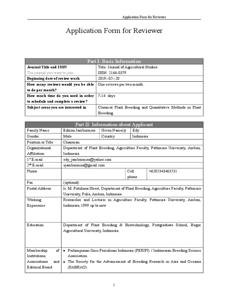 Reviewer Application for Journal of Agricultural Studies | PDF | Plant ...
