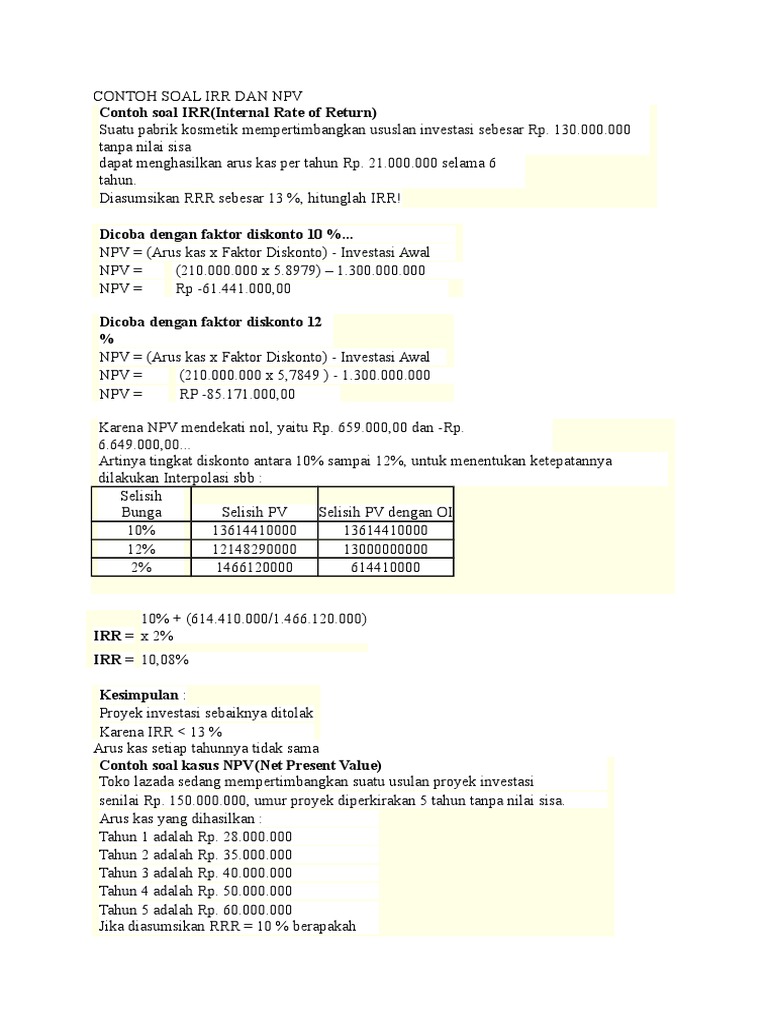 Contoh Soal Irr Dan NPV | PDF | Bisnis | Pengelolaan Keuangan & Uang