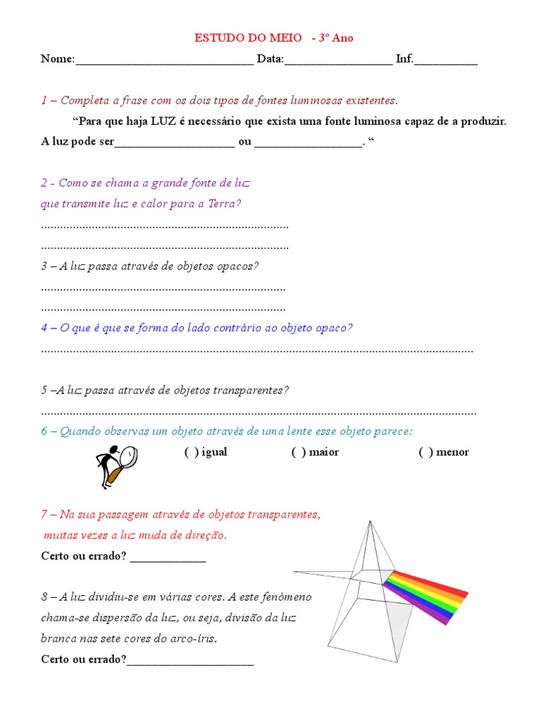 Objetos Translúcidos, Opácos e Transparentes 2 - Estudo Do Meio 3º Ano ...