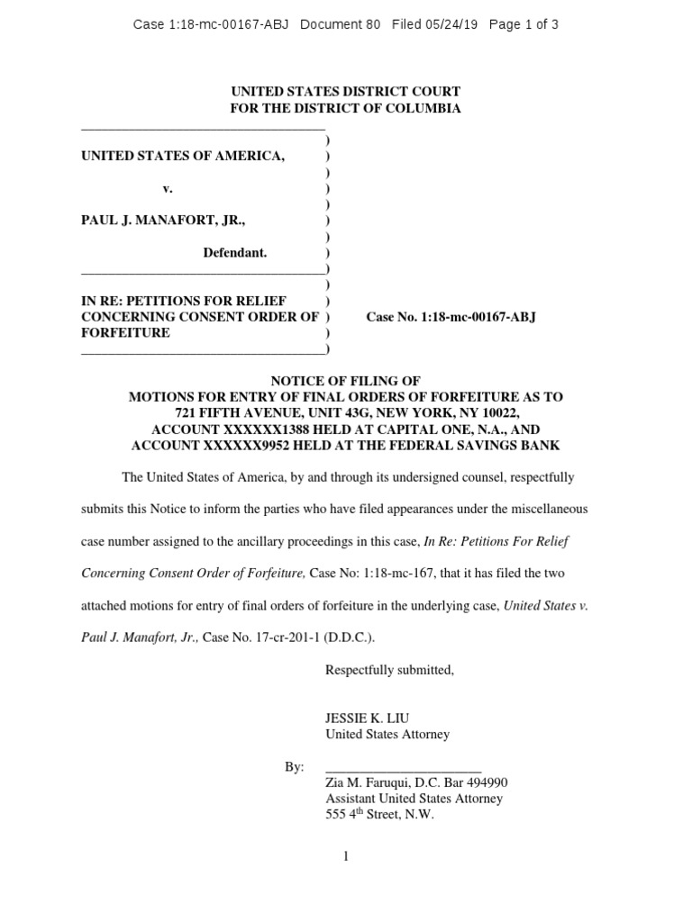 Notice of Filing of Motions For Entry of Final Orders of Forfeiture ...