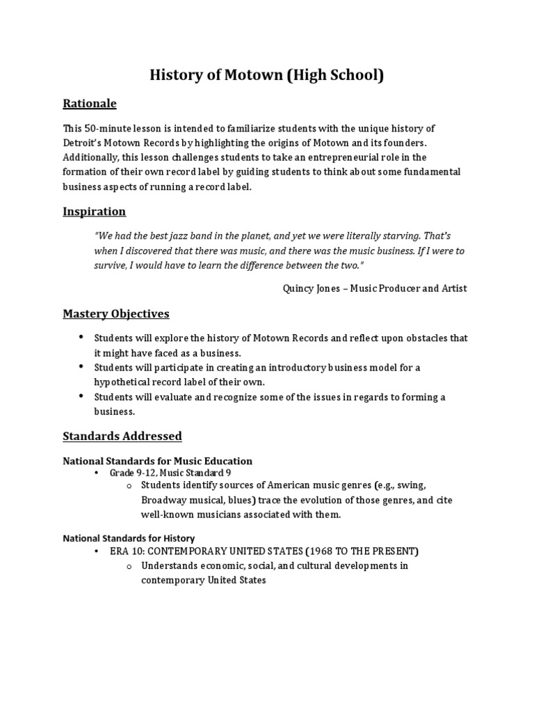History of Motown (High School) : Rationale | PDF | Motown | Popular Music