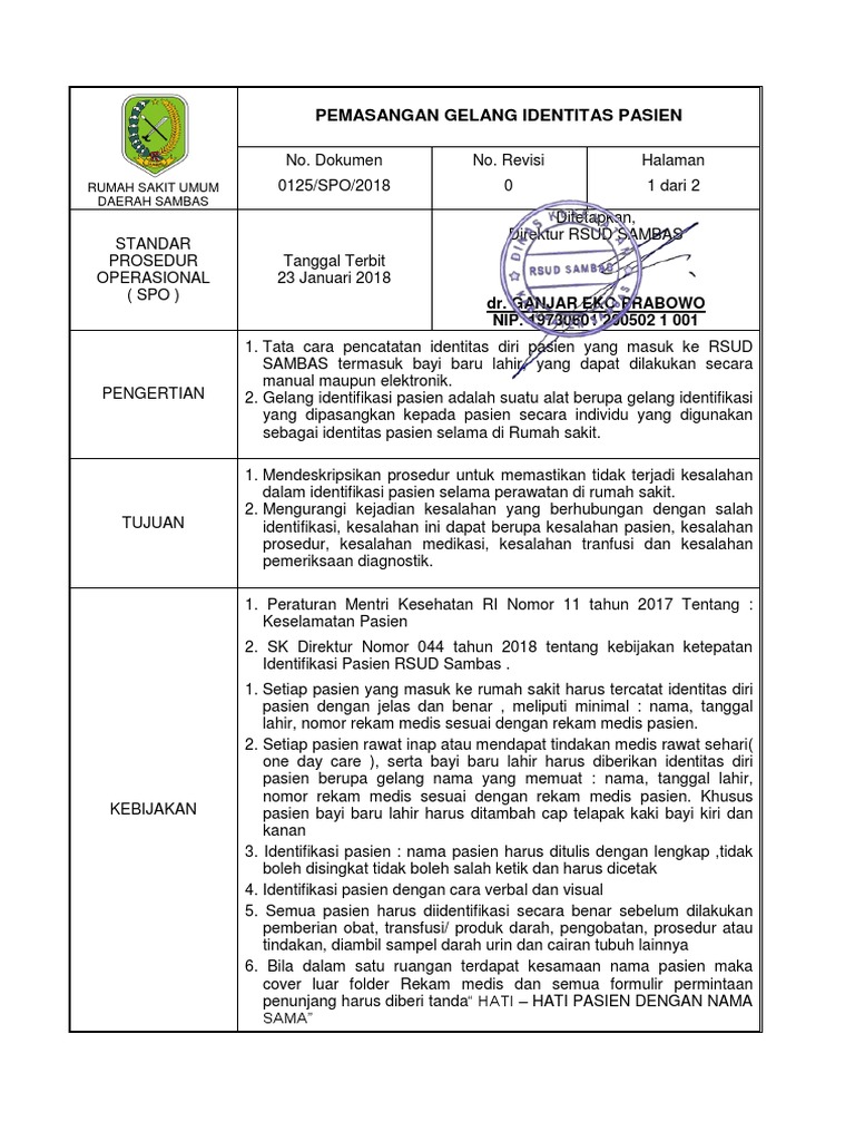 Sop Pemasangan Gelang Identifikasi Pasien | PDF