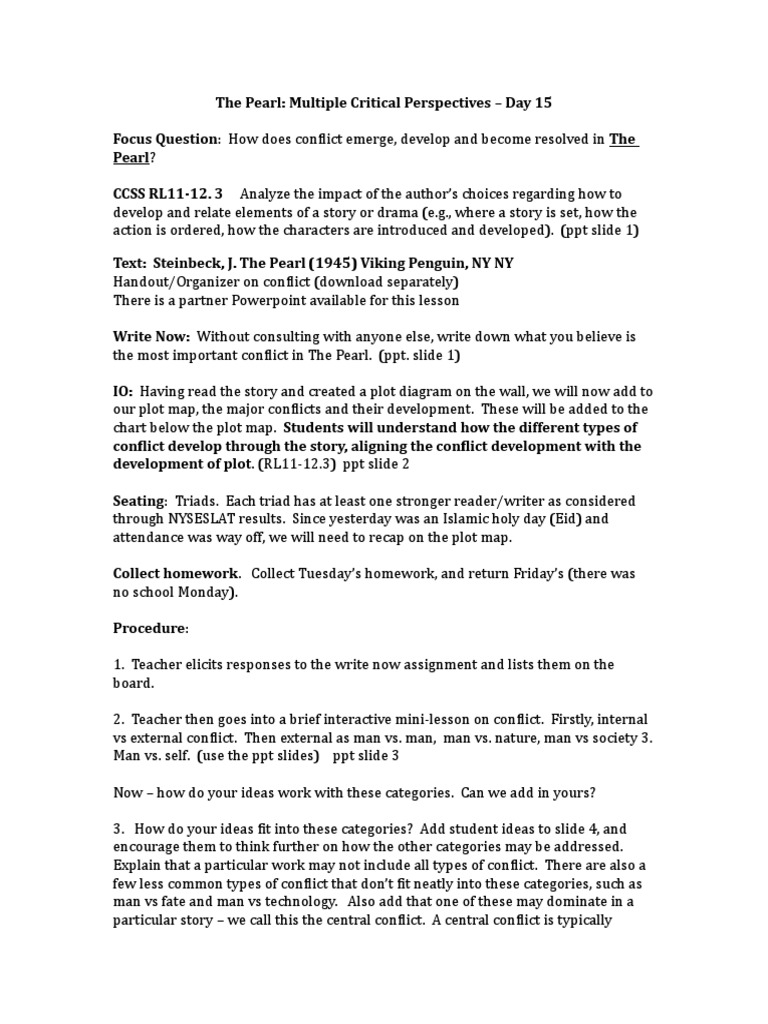 The Pearl - Conflict Lesson Plan | PDF | Homework | Cognition