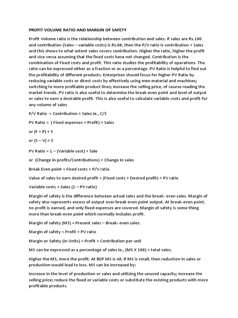 PROFIT VOLUME RATIO MARGIN SAFETY | PDF | Microeconomics | Economics