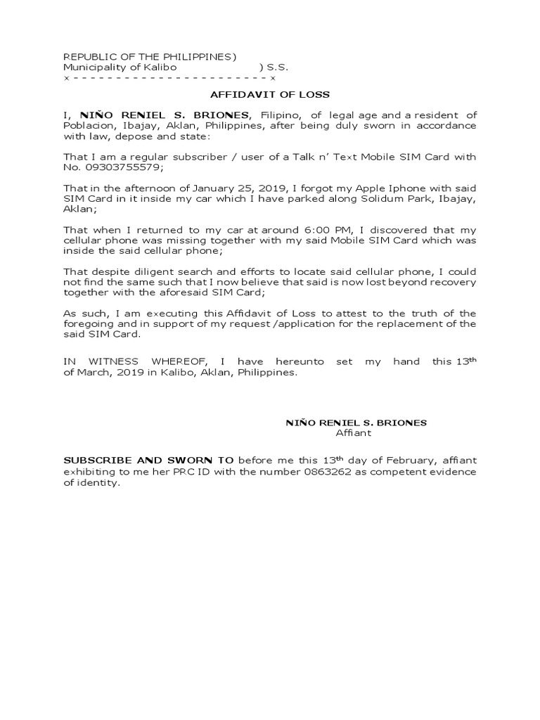 Affidavit of Loss: Lost Mobile Phone and SIM Card | PDF