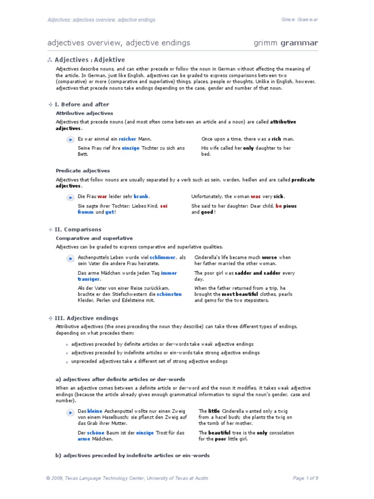 Adjectives Overview, Adjective Endings Grimm | PDF | Adjective ...