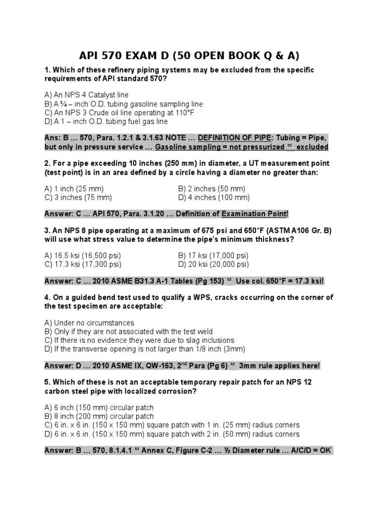 Api 570 Exam D (50 Open Book Q & A) | PDF | Pipe (Fluid Conveyance ...