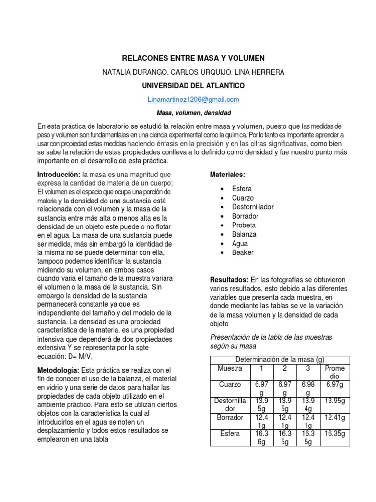 relacion entre masa y volumen | Masa | Densidad