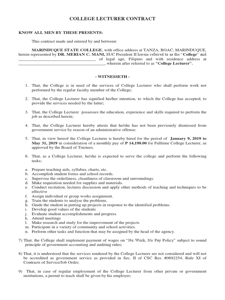 CL CONTRACT AY 2018 2019 2nd SEM FT - ROMASANTA | PDF | Lecturer ...