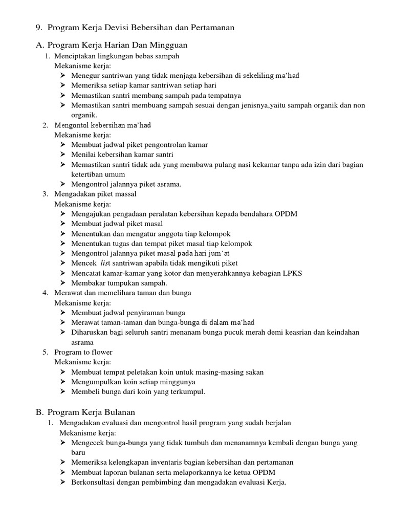 9.program Kerja Devisi Kebersihan Dan Pertamanan | PDF
