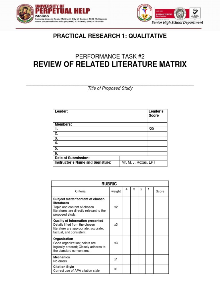 Review of Related Literature Matrix: Practical Research 1: Qualitative ...