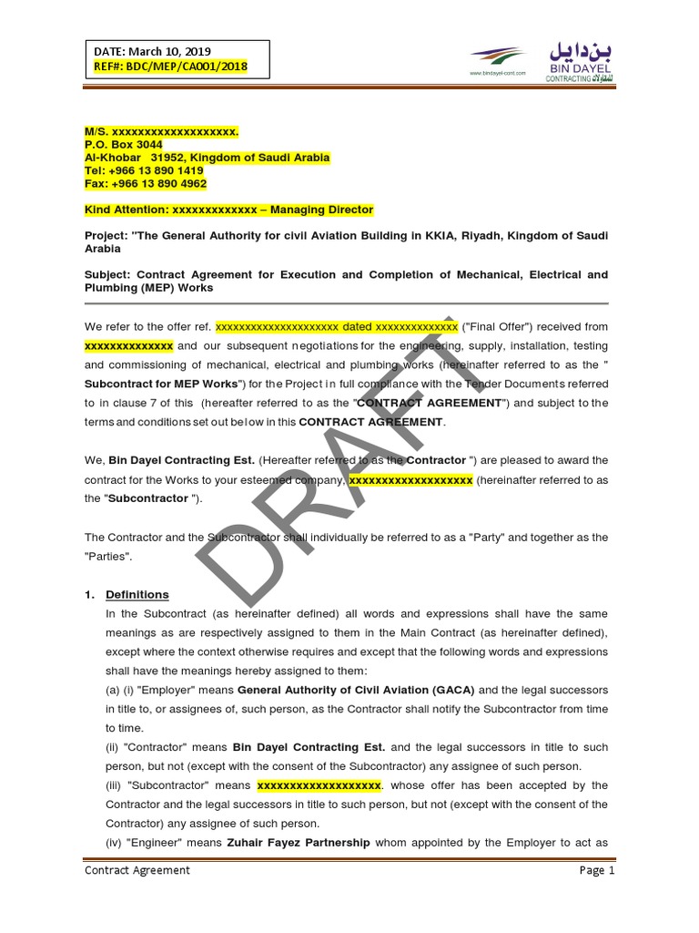 Contract Agreement MEP - Draft | PDF | Plumbing | General Contractor