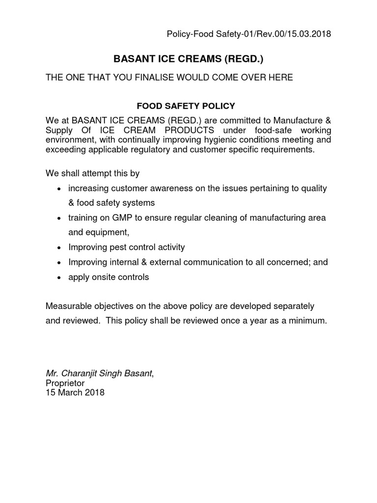 Food Safety Checklist | PDF