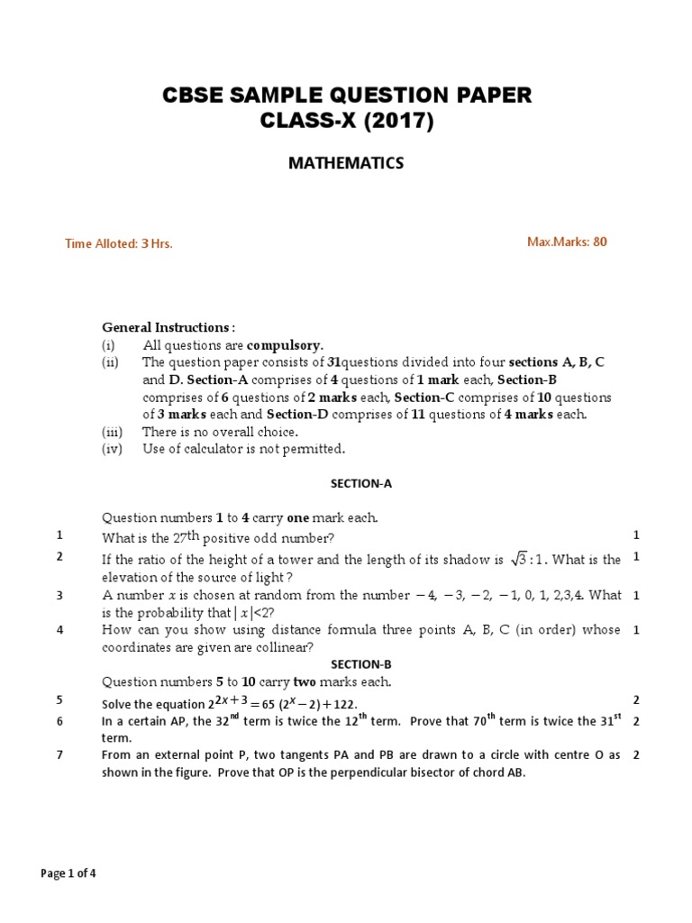 Cbse Sample Question Paper CLASS-X (2017) : Mathematics | PDF | Circle ...