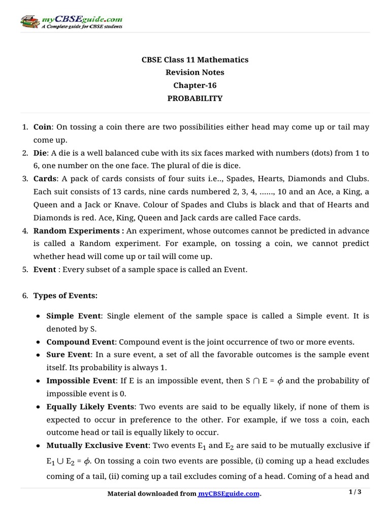 Class 11 Probability Revision Notes | PDF | Probability | Playing Cards