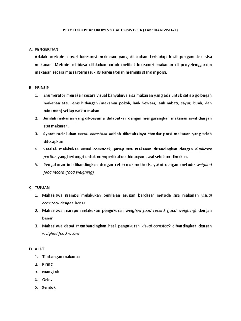 Prosedur Praktikum Visual Comstock Dan Food Weighing | PDF