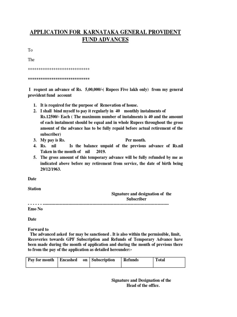 Application For Karnataka General Provident Fund Advances: To The | PDF ...