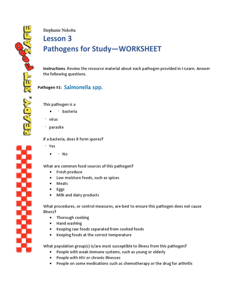 Fcs 110 Pathogens Worksheet | PDF | Pathogen | Foods