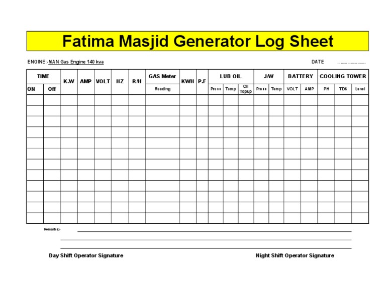 Generator Log Sheet for Fatima Masjid Documenting Daily Operations and ...