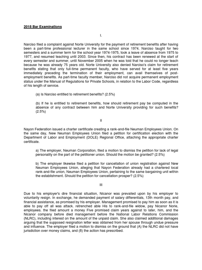 Labor Law Bar Questions | PDF | Strike Action | Unemployment Benefits