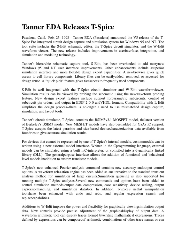 Tanner EDA Releases T-Spice Pro V5 with Enhanced Schematic Capture ...