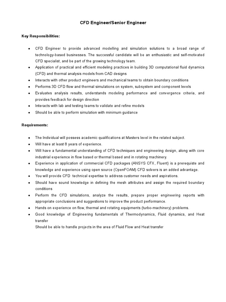 CFD Engineer/Senior Engineer: Key Responsibilities | PDF