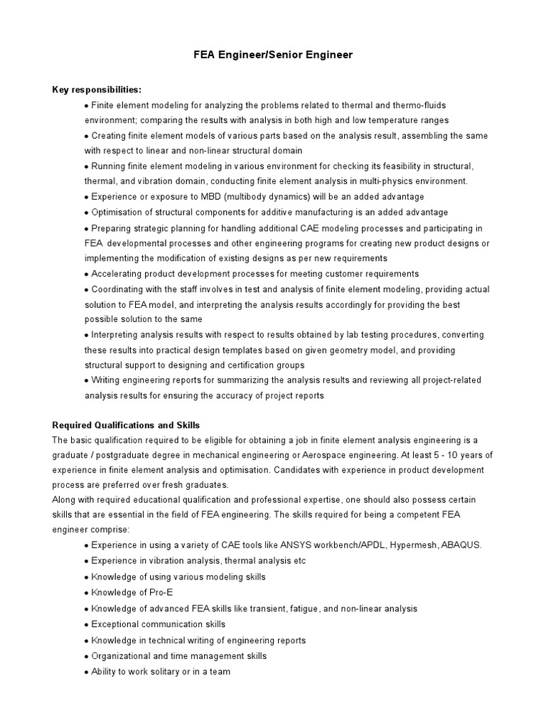FEA Engineer - JD | PDF | Finite Element Method | Engineering