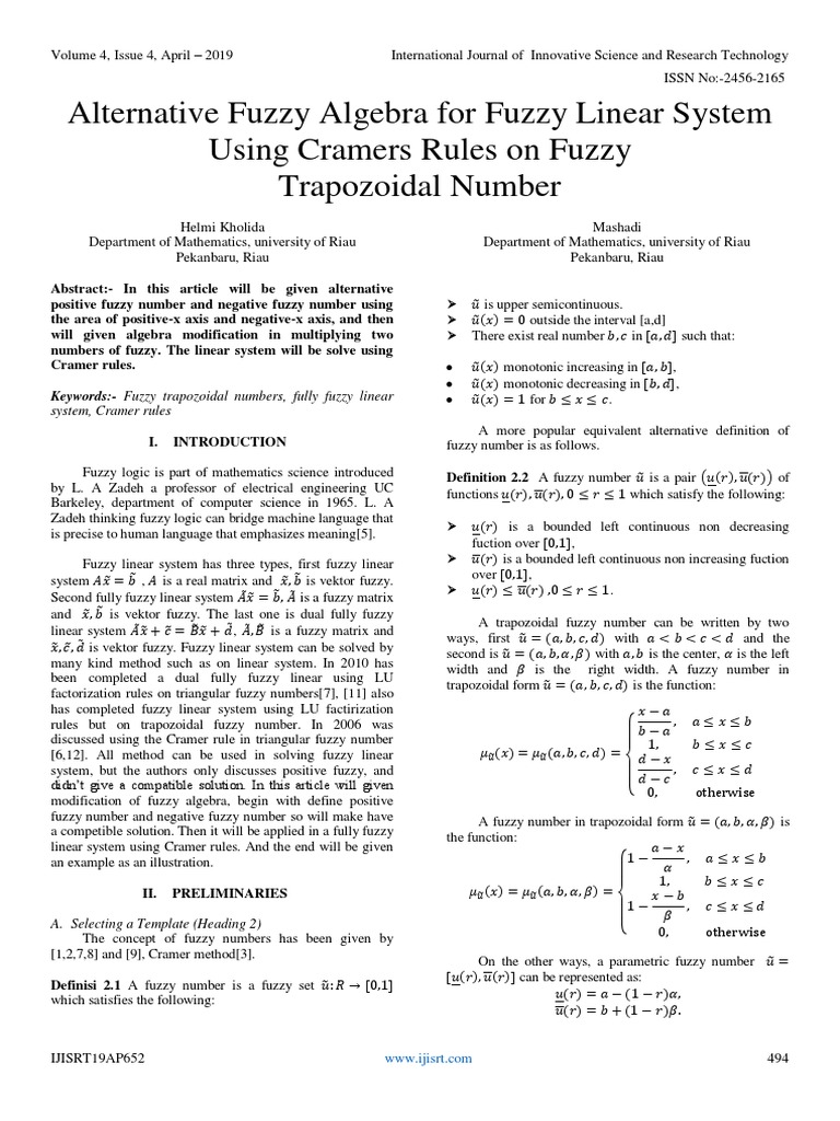 Alternative Fuzzy Algebra For Fuzzy Linear System Using Cramers Rules ...