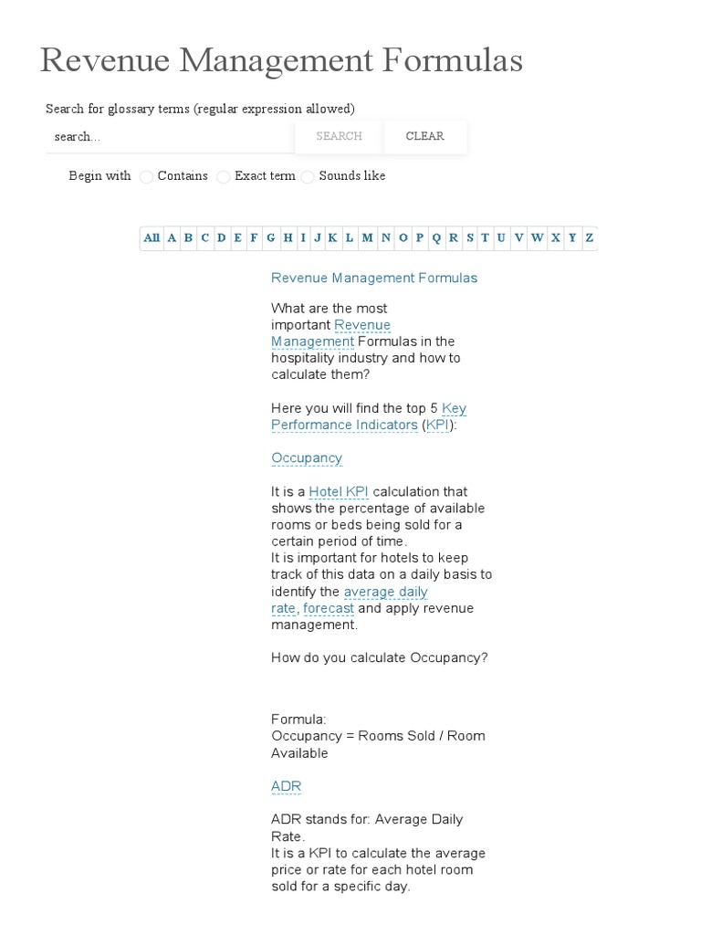Key Hotel Revenue Management Formulas | PDF | Net Income | Revenue