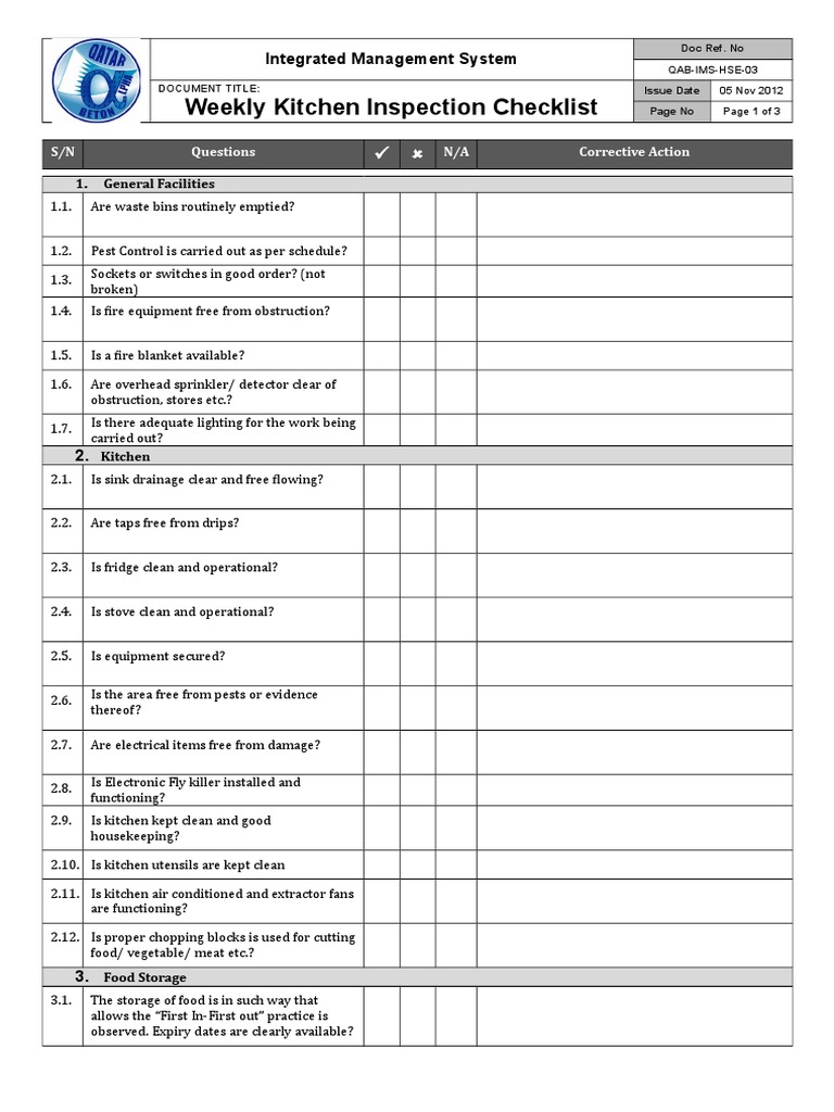 HSE 03 Kitchen Inspection Checklist | Download Free PDF | Kitchen ...