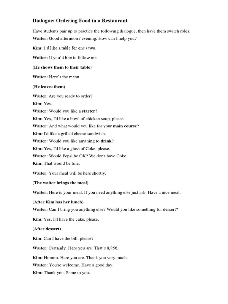 Dialogue. Ordering Food in A Restaurant | PDF