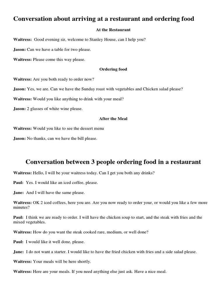 Restaurant Food Ordering Dialogue | PDF | Cooking, Food & Wine ...