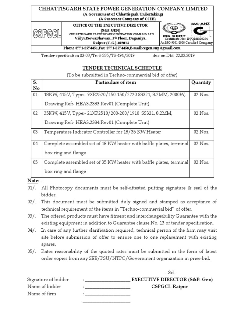 Tender Technical Schedule S. No Particulars of Item Quantity | PDF ...